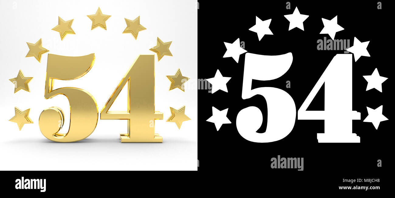 Golden number fifty four on white background with drop shadow and alpha ...