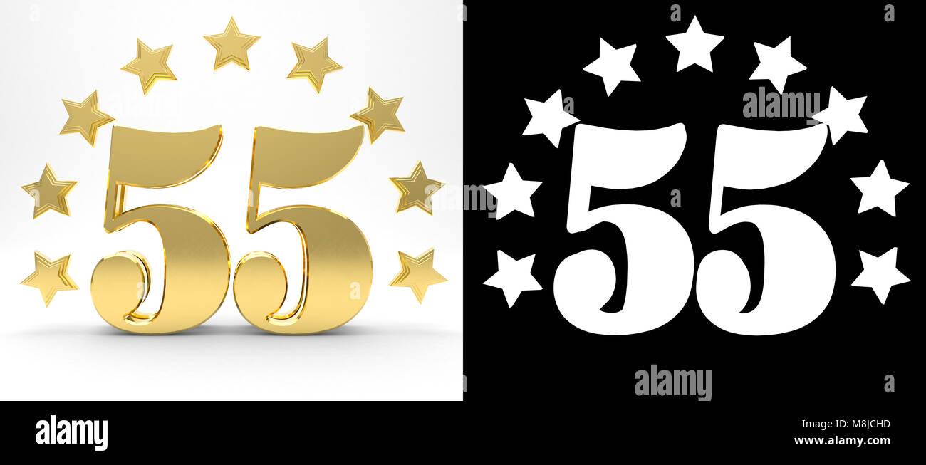 Golden number fifty five on white background with drop shadow and alpha ...