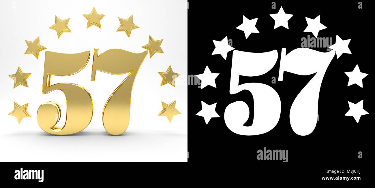 Golden number fifty seven on white background with drop shadow and ...