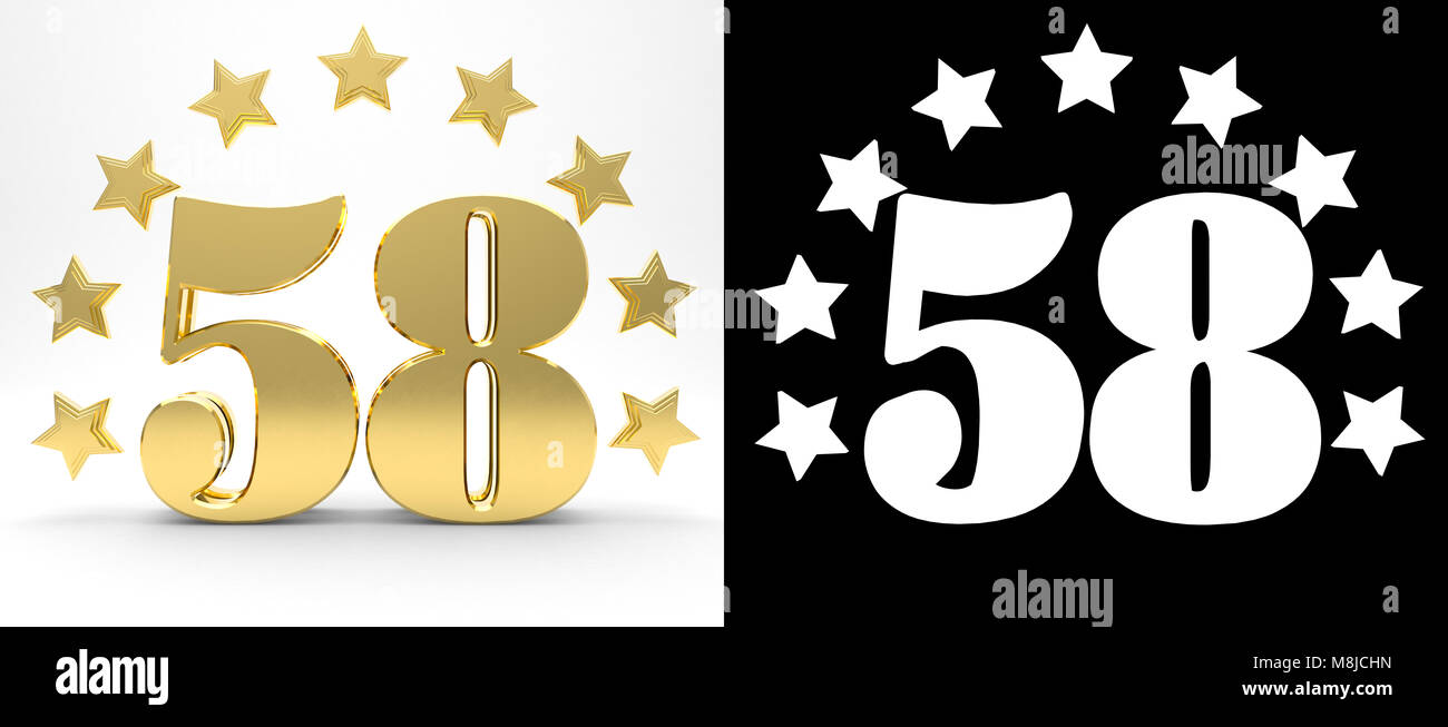 Golden number fifty eight on white background with drop shadow and ...