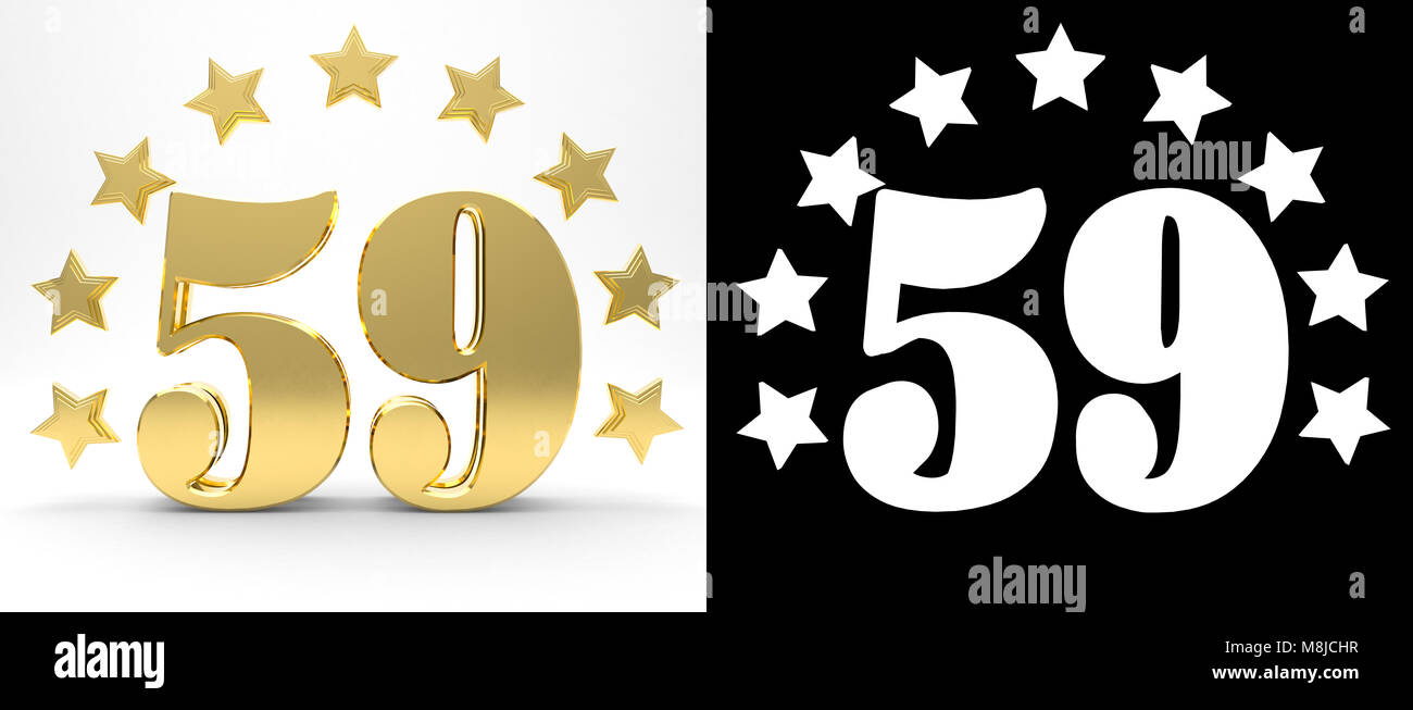 Golden number fifty nine on white background with drop shadow and alpha ...