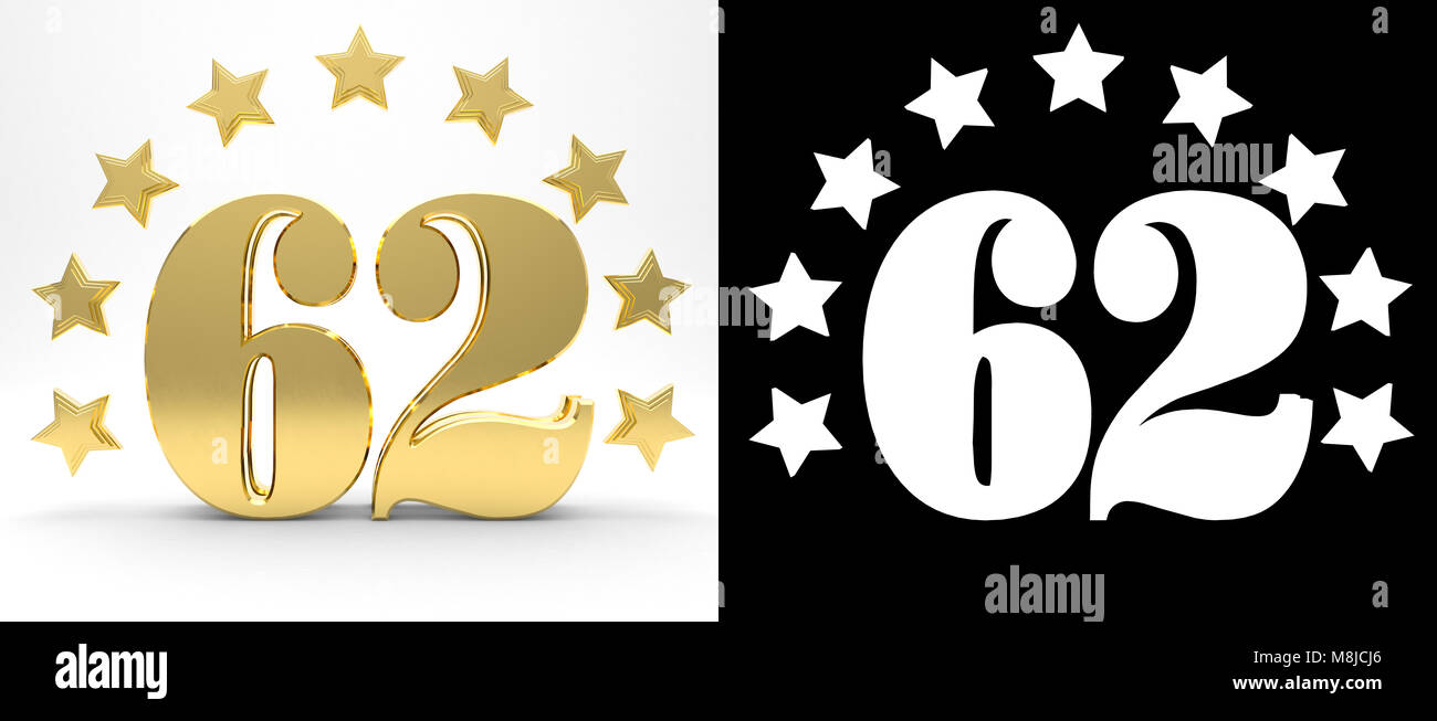 Golden number sixty two on white background with drop shadow and alpha ...