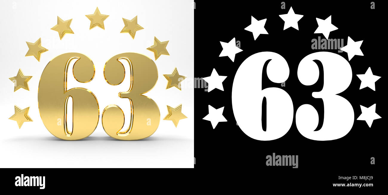 Golden number sixty three on white background with drop shadow and ...