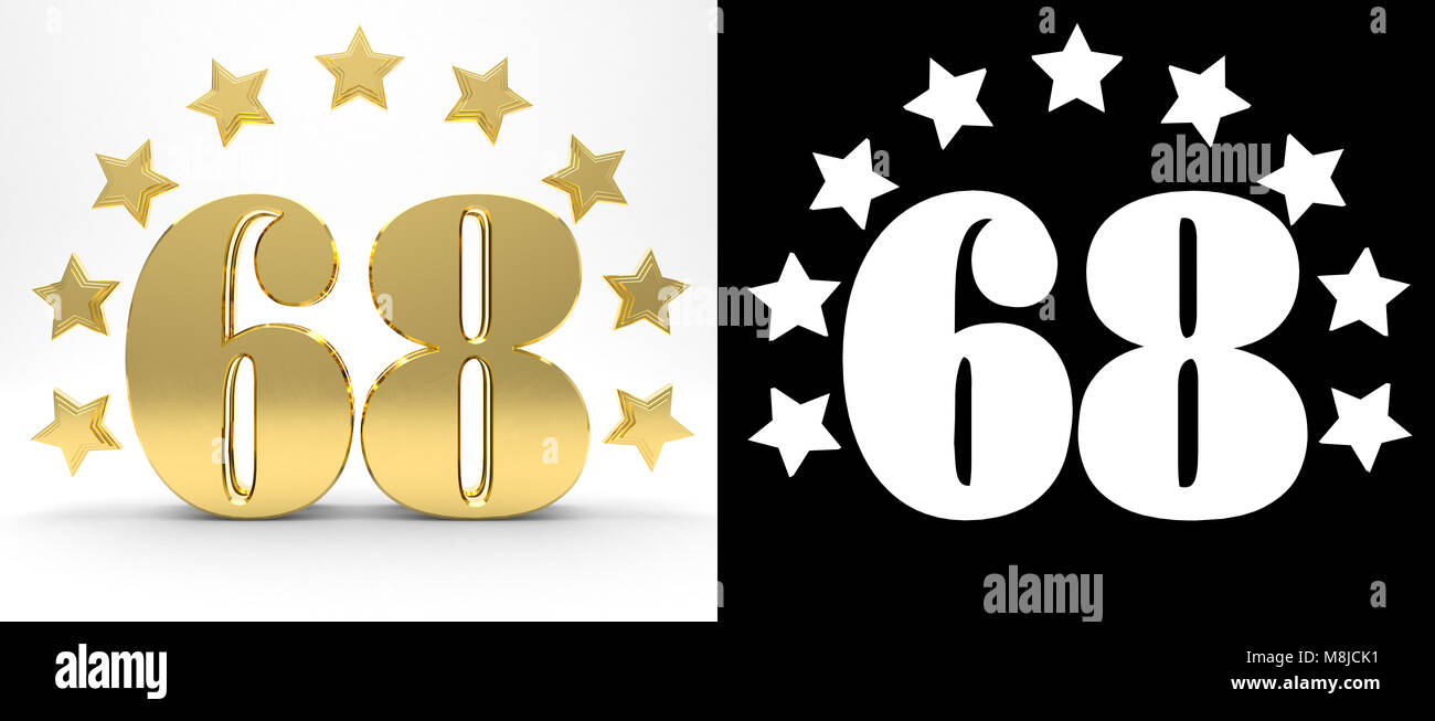 Golden number sixty eight on white background with drop shadow and ...
