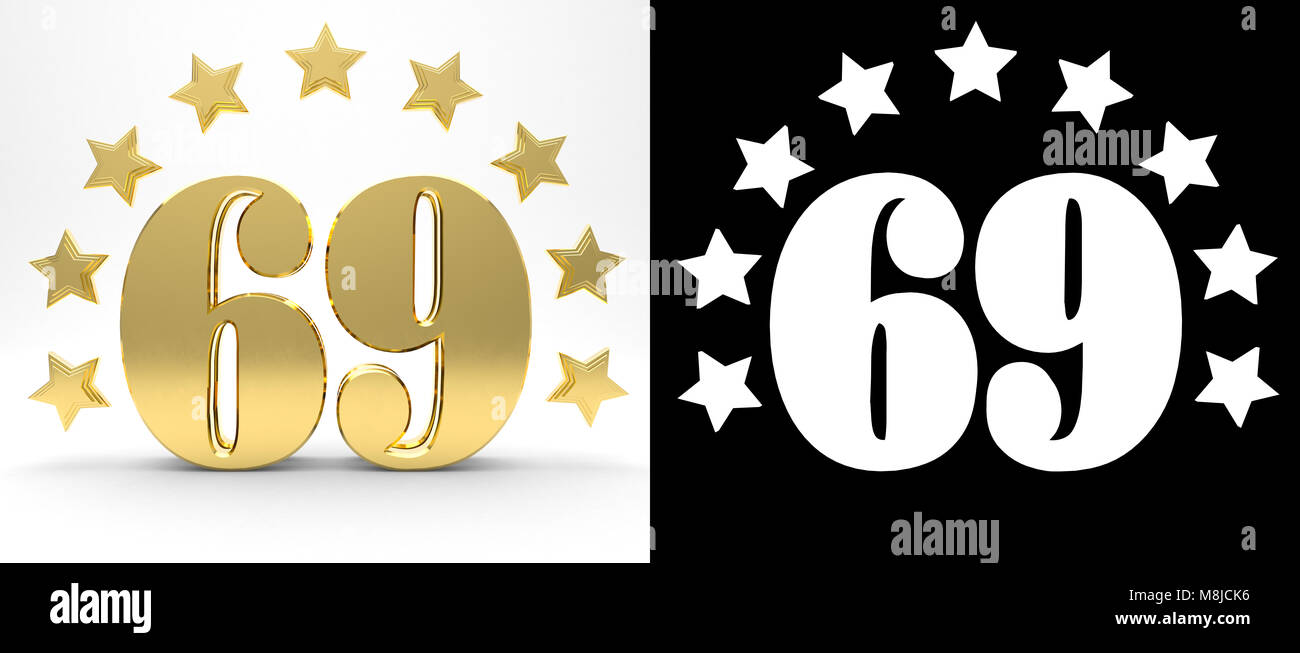 Golden number sixty nine on white background with drop shadow and alpha ...