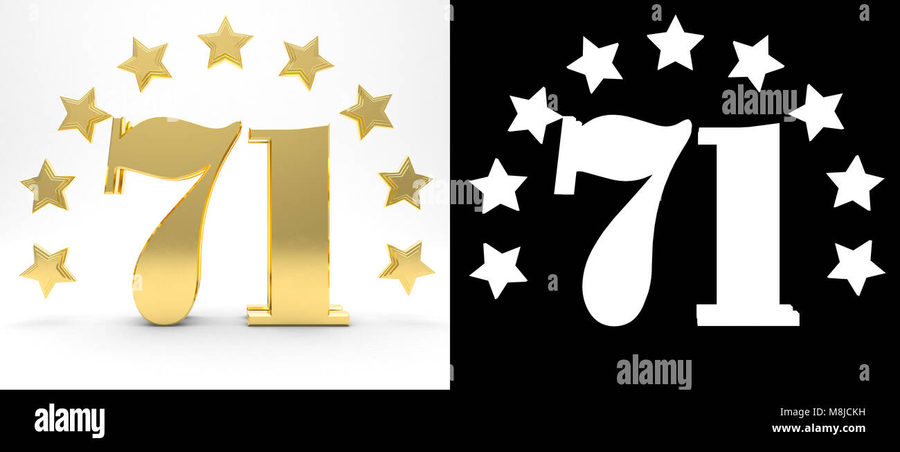Golden number seventy one on white background with drop shadow and ...