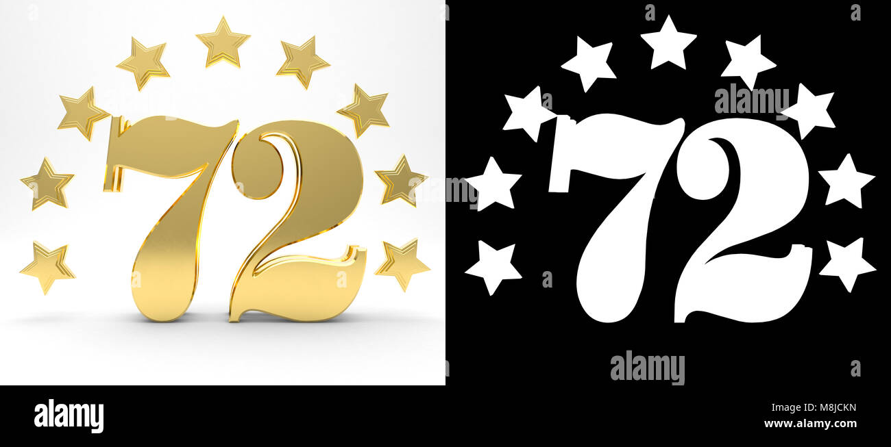 Golden number seventy two on white background with drop shadow and ...
