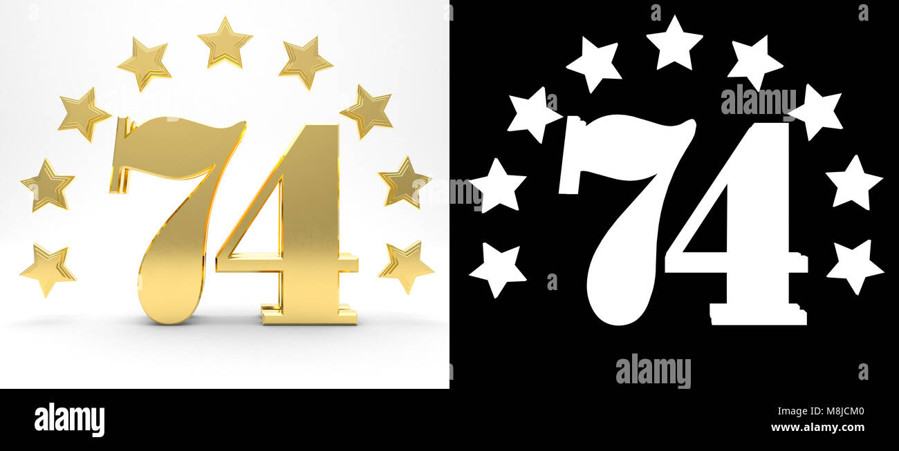 Golden number seventy four on white background with drop shadow and ...