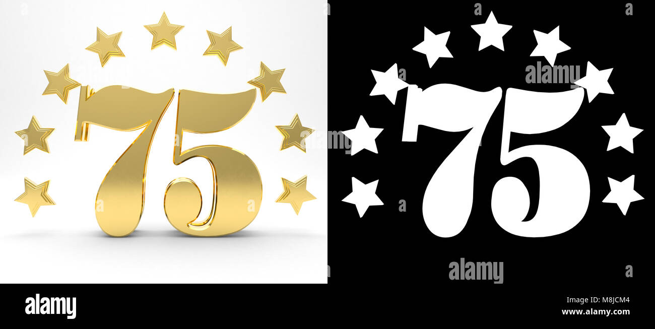 Golden number seventy five on white background with drop shadow and ...