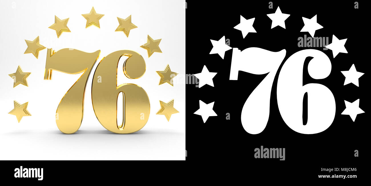 Golden number seventy six on white background with drop shadow and ...