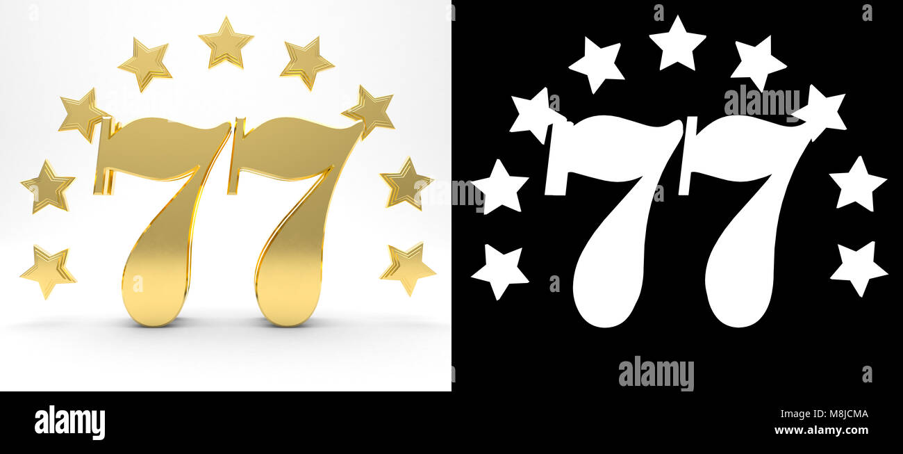 Golden number seventy seven on white background with drop shadow and ...