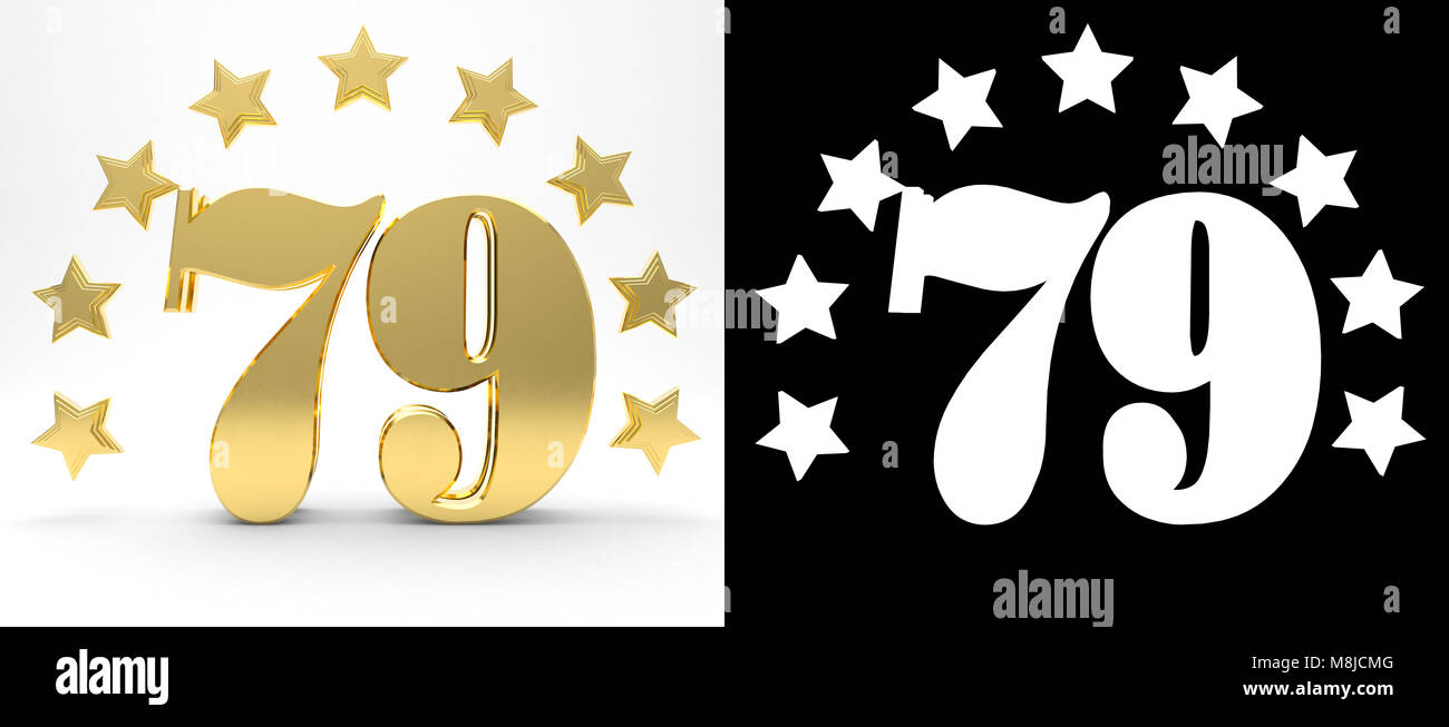 Golden number seventy nine on white background with drop shadow and ...