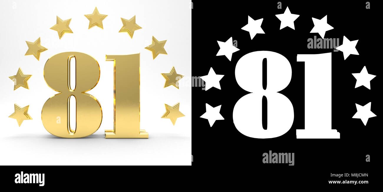 Golden number eighty one on white background with drop shadow and alpha ...