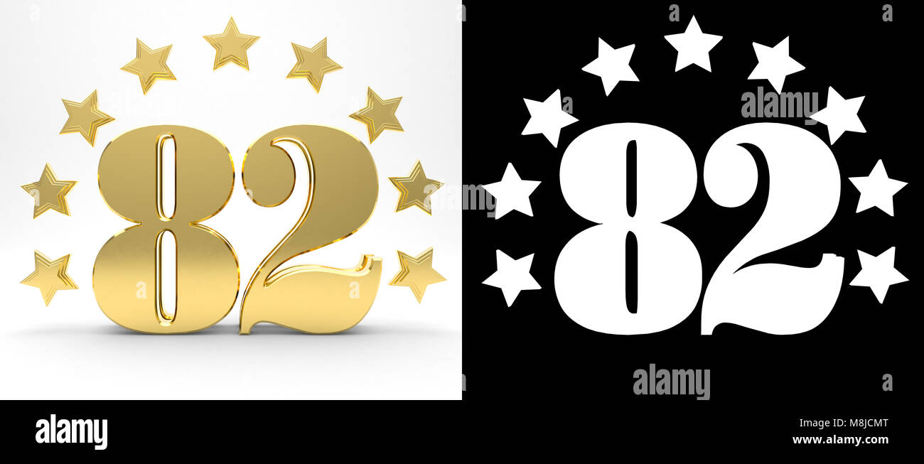 Golden number eighty two on white background with drop shadow and alpha ...