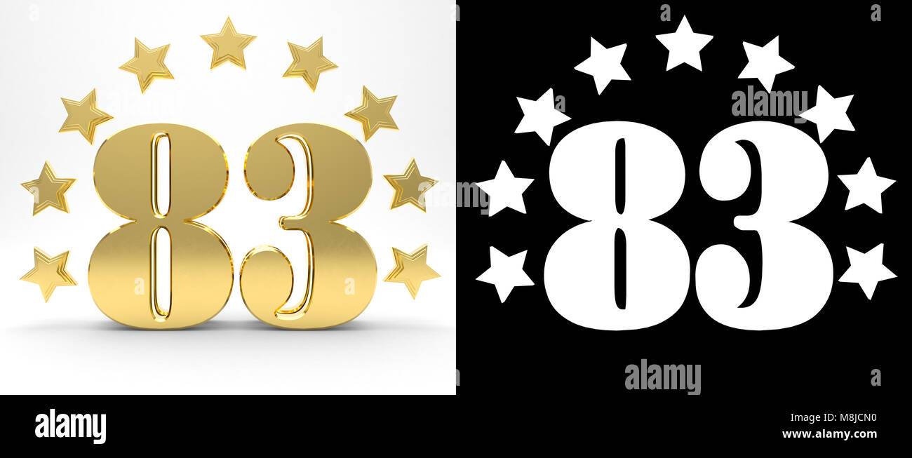 Golden number eighty three on white background with drop shadow and ...