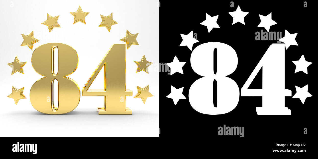 Golden number eighty four on white background with drop shadow and ...