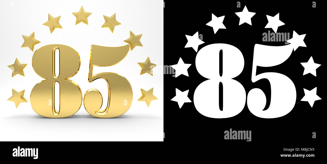 Golden number eighty five on white background with drop shadow and ...