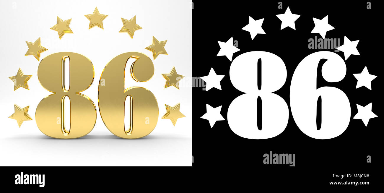 Golden number eighty six on white background with drop shadow and alpha ...