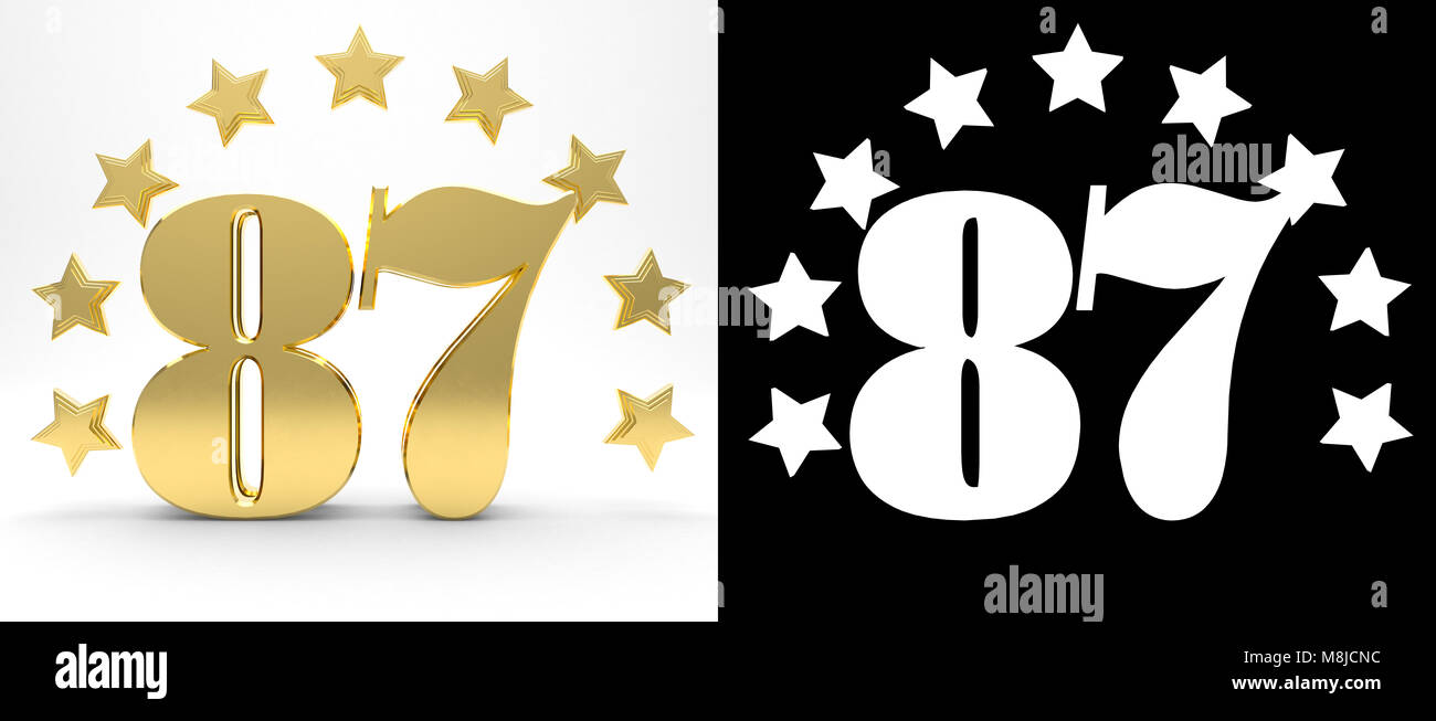 Golden number eighty seven on white background with drop shadow and ...