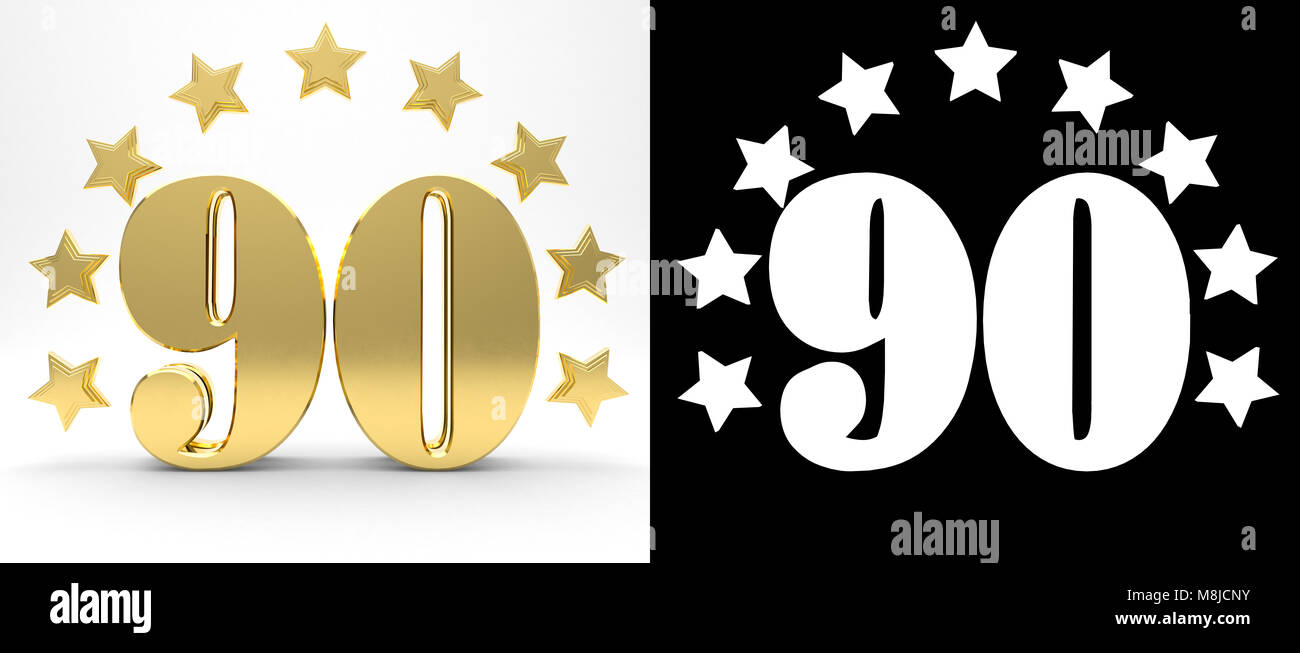 Golden number ninety on white background with drop shadow and alpha ...