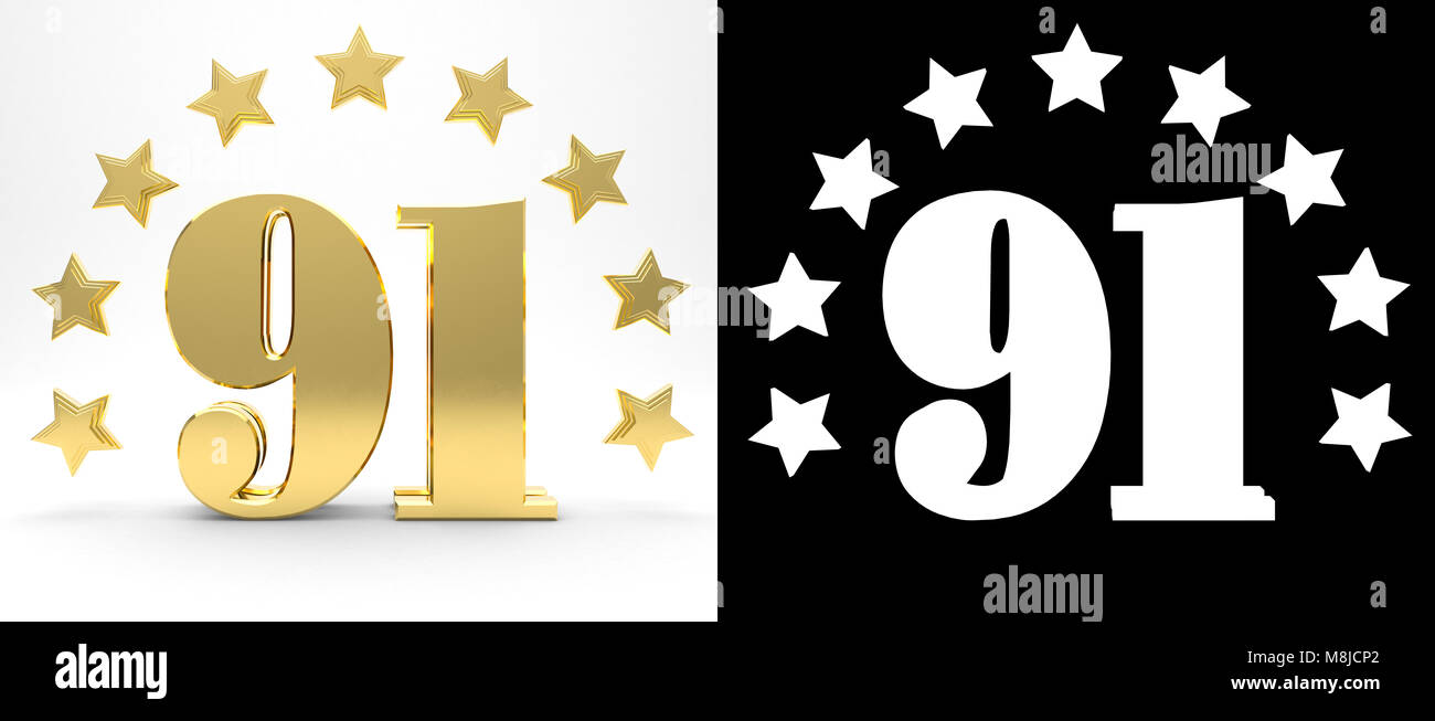 Golden number ninety one on white background with drop shadow and alpha ...