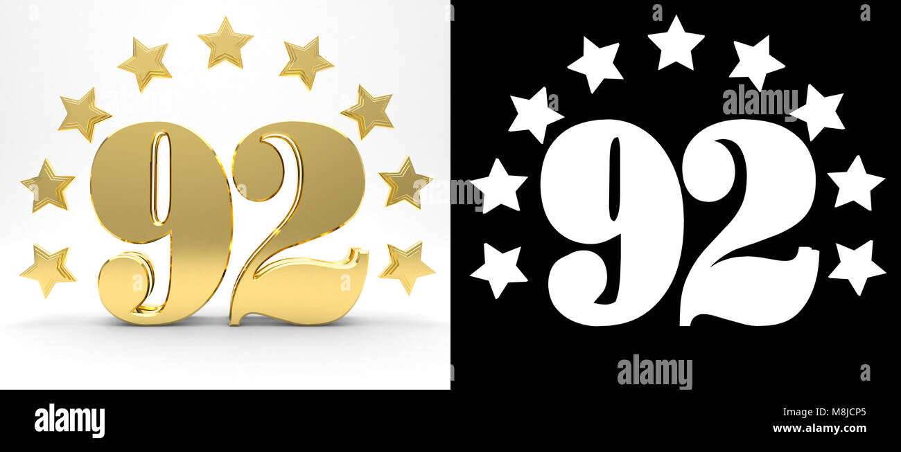Golden number ninety two on white background with drop shadow and alpha ...