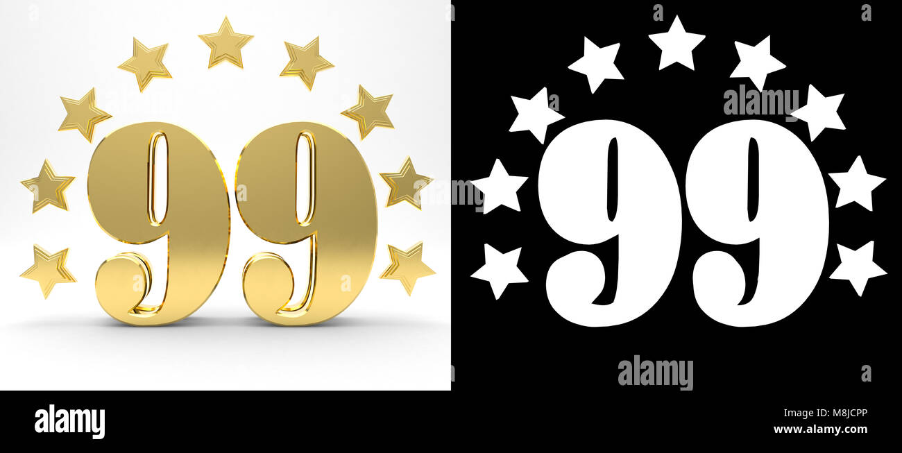 Golden number ninety nine on white background with drop shadow and ...