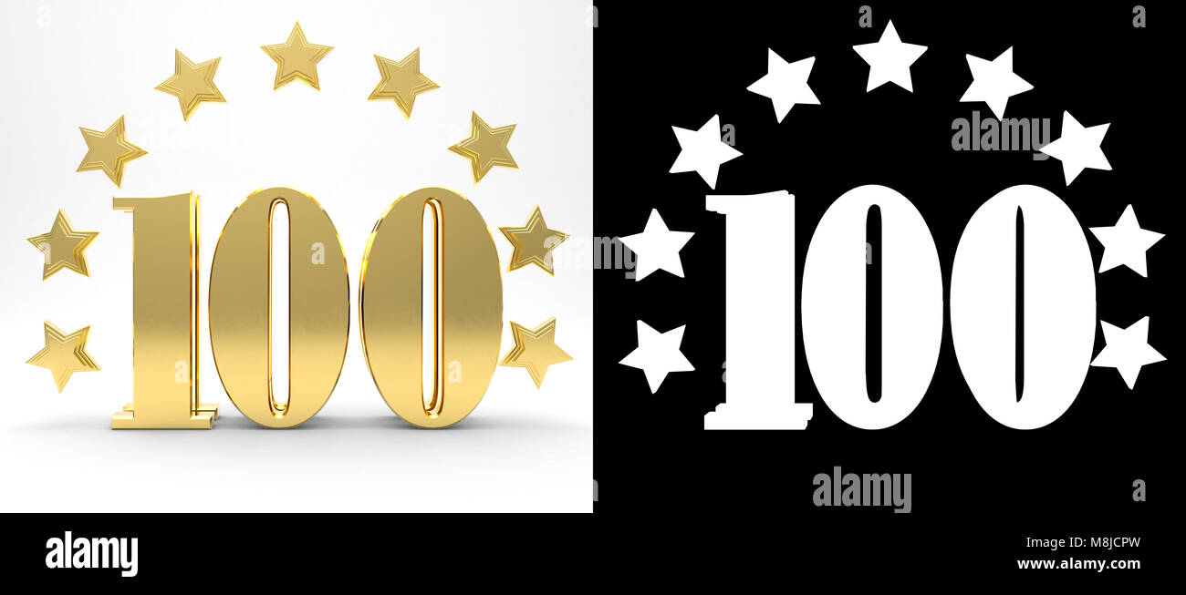 Golden number one hundred on white background with drop shadow and ...