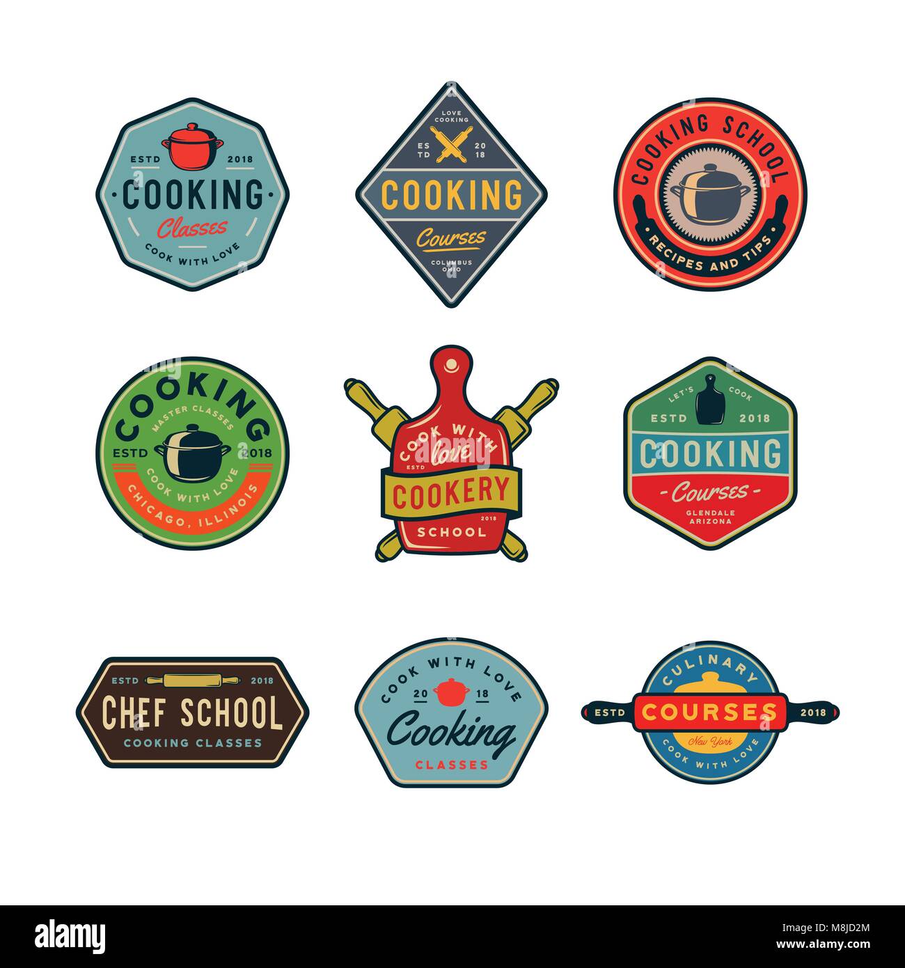 set of vintage cooking classes logos. retro styled culinary school ...