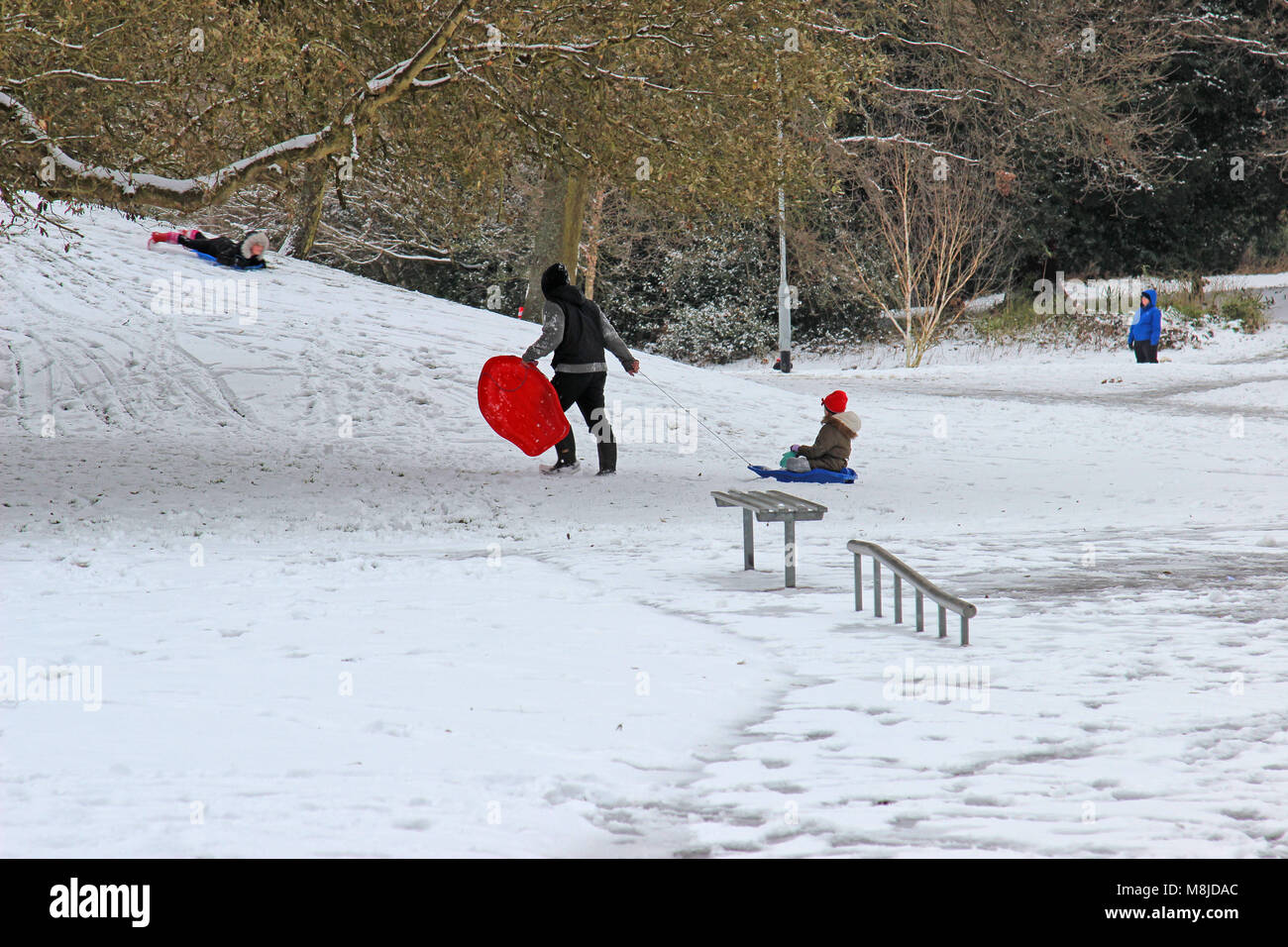Young child on a sledge being pulled along by parent with young girl ...
