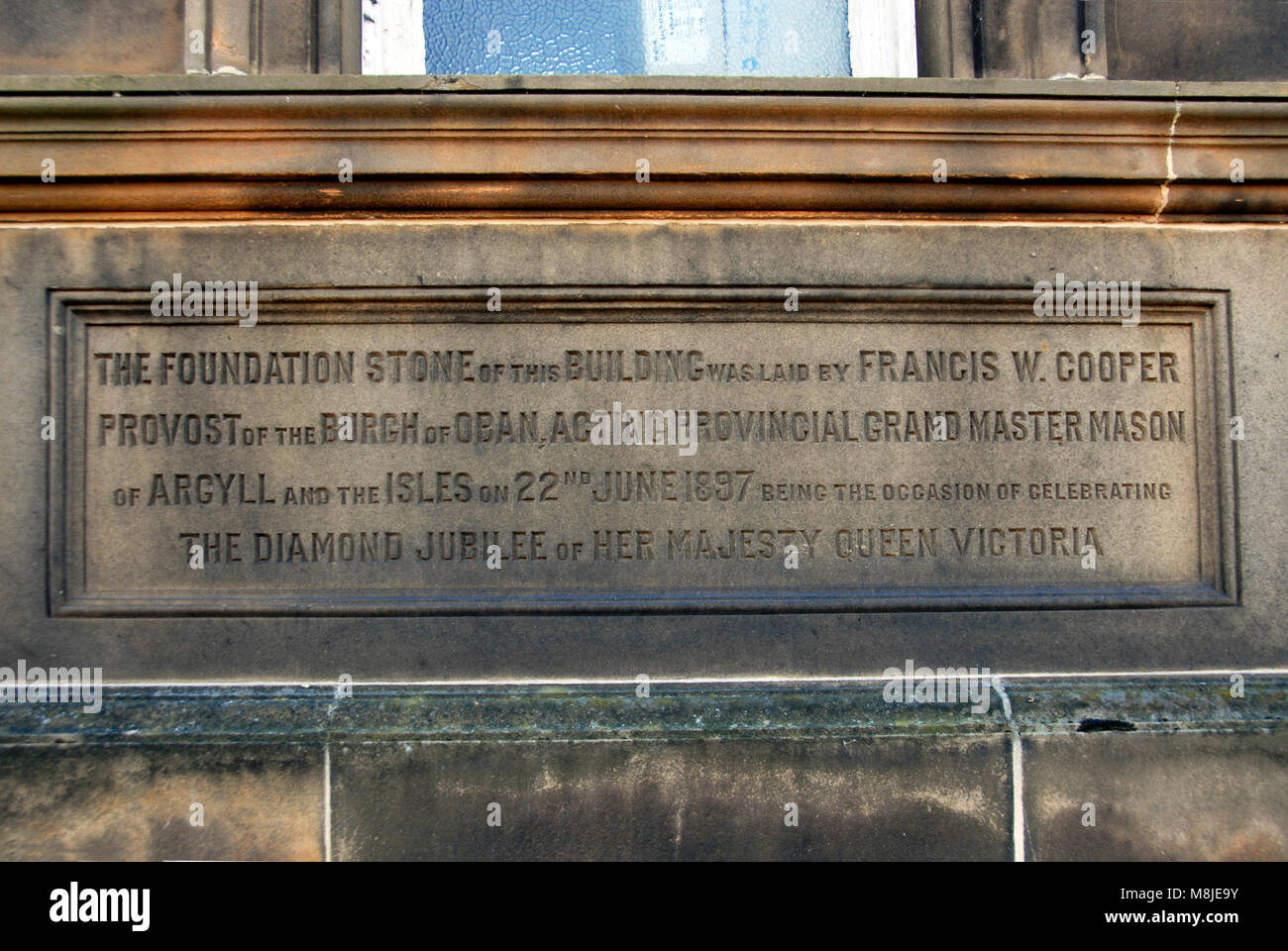 Foundation stone on building in Oban, Scotland, celebrating the diamond ...