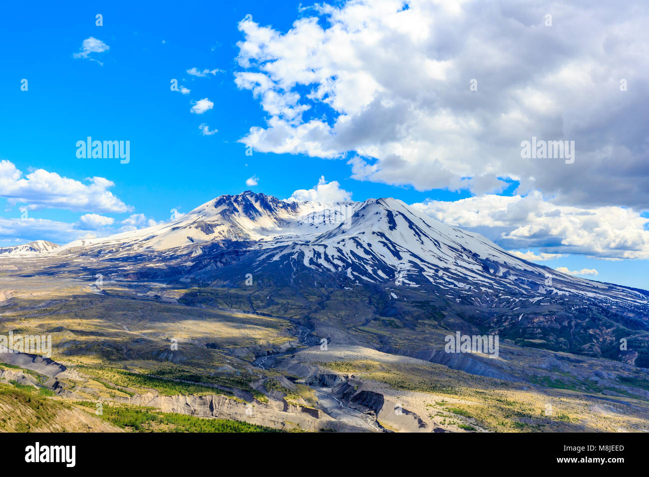 Snow on Mount St. Helens against Blue Sky and cloudscape Stock Photo ...