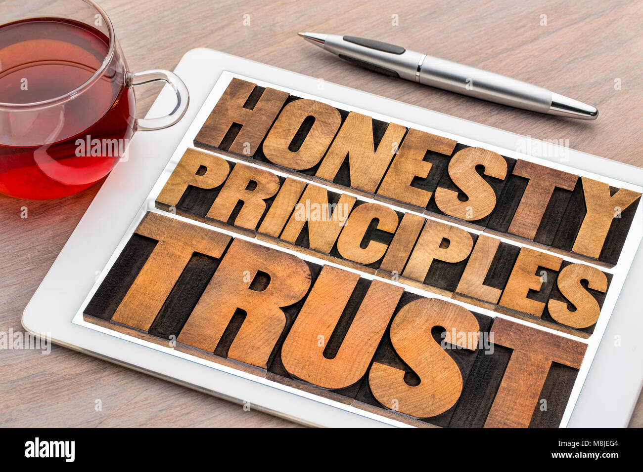 honesty, principles and trust concept - word abstract in vintage ...