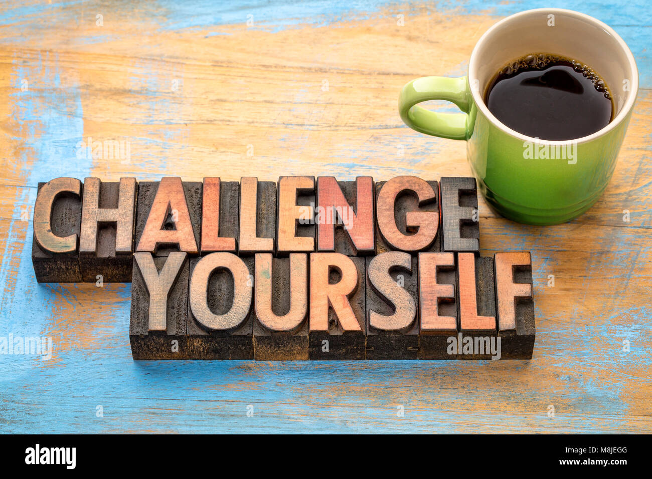 challenge yourself - word abstract in vintage letterpress printing ...