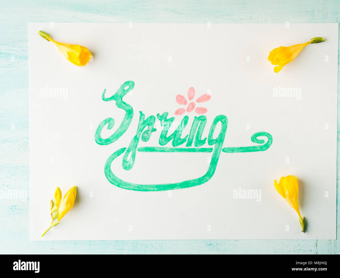 Spring word spelling by hand lettering and yellow flowers frame. Flat ...