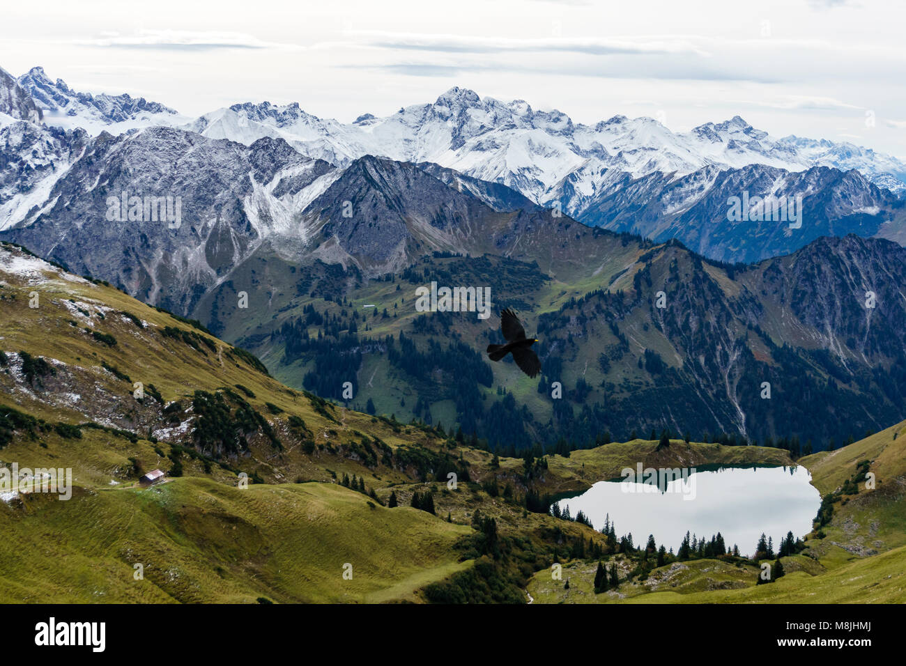 Lake Seealpsee in the mountain landscape of the Allgau Alps above of ...