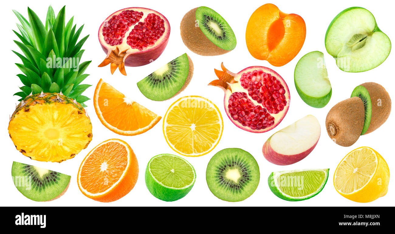 Set of various cut fruits isolated on white background with clipping ...