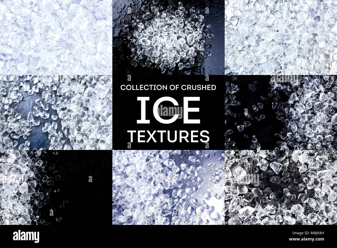 Crushed ice textures collection. Ice cubes on black background. Copy ...