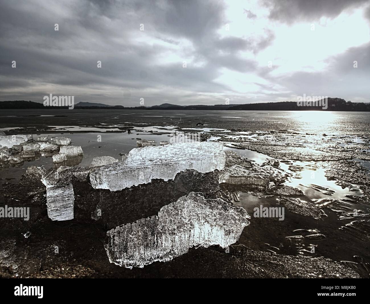 Ice melting in bay. Ice sheets floating on the water pool, sun reflect ...