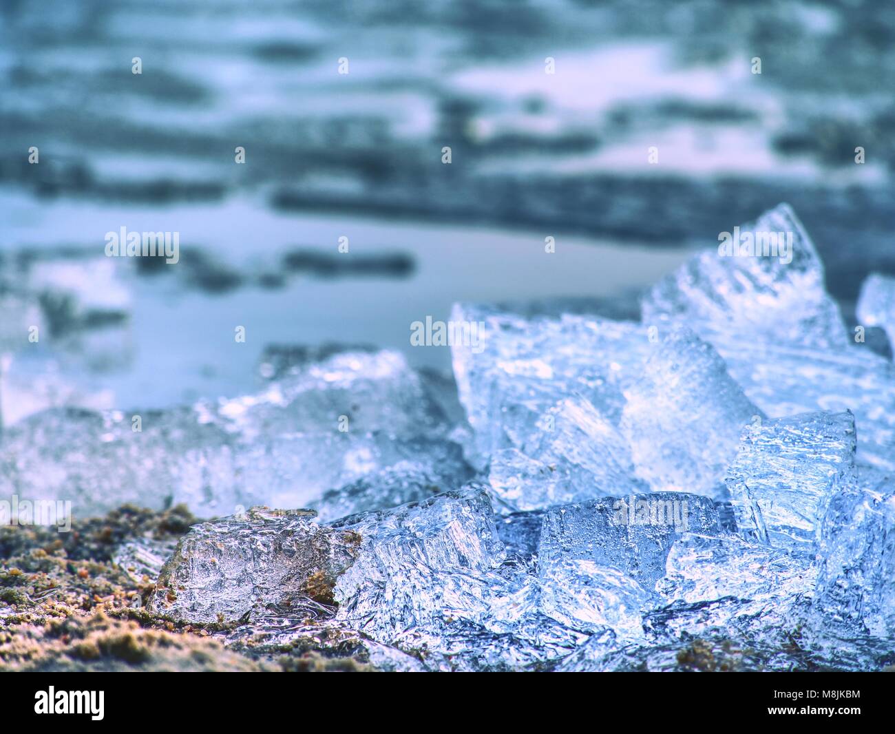 Blue and white pieces of broken ice. Melting of broken ice pieces ...