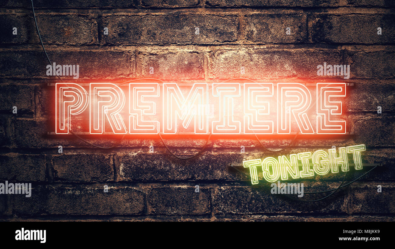 Premiere Tonight neon sign on brick wall, 3d rendering illustration ...