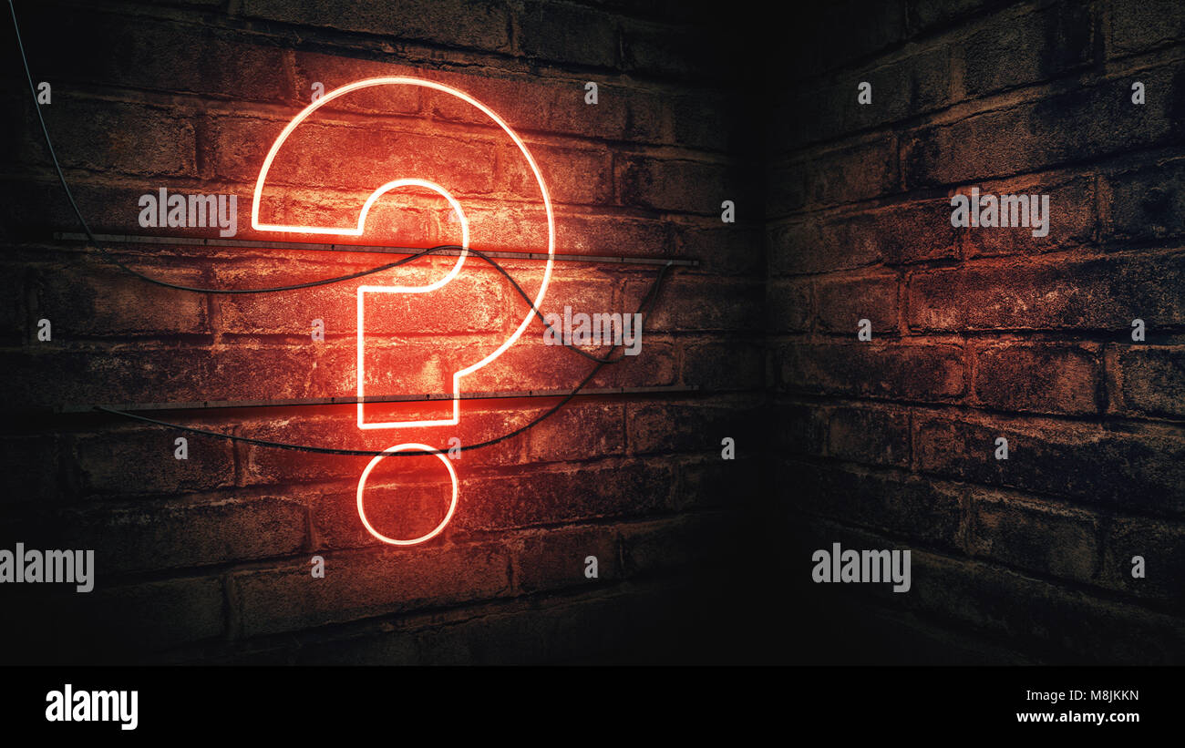 Question mark neon sign on brick wall, conceptual 3d rendering ...
