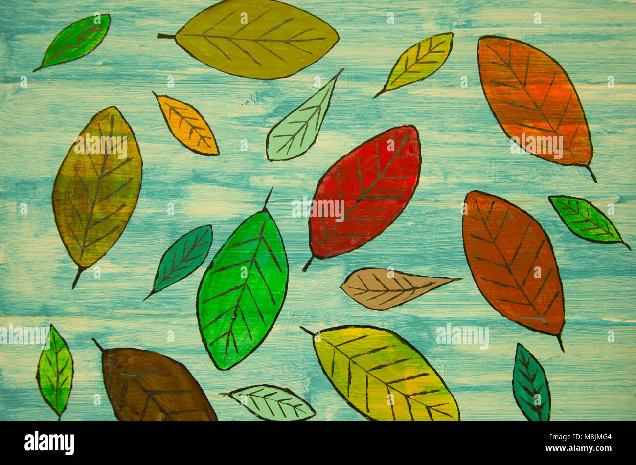 Hand painted autumn leaves on colourwash blue background Stock Photo ...