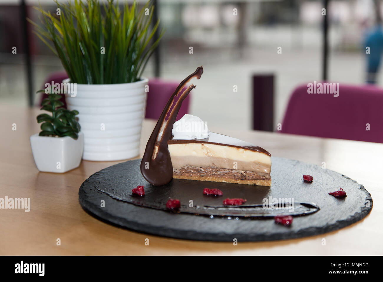 delicious cake in plate served in the restaurant,Close up of various ...