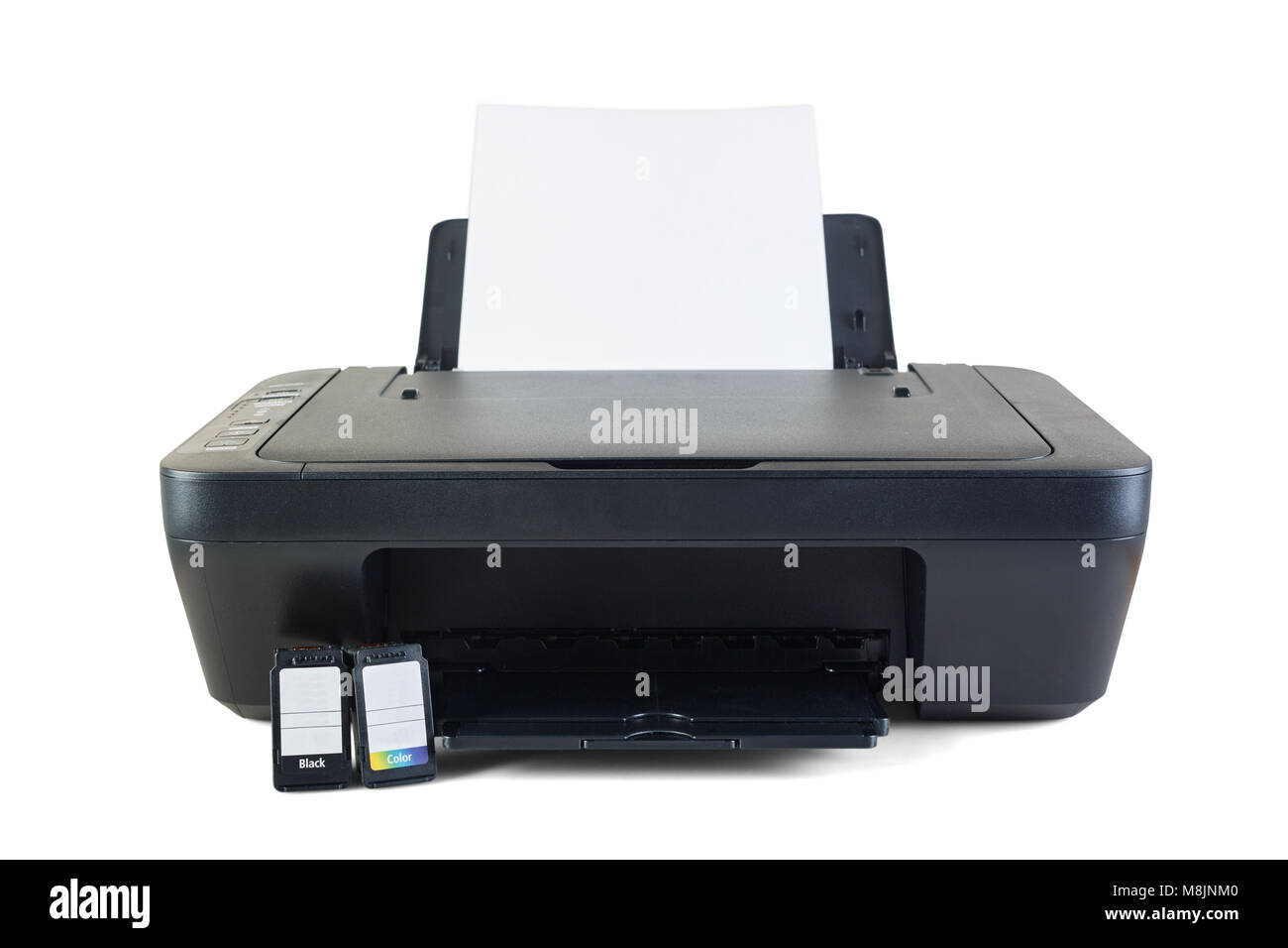 Black printer and ink cartridges isolated on white background Stock ...