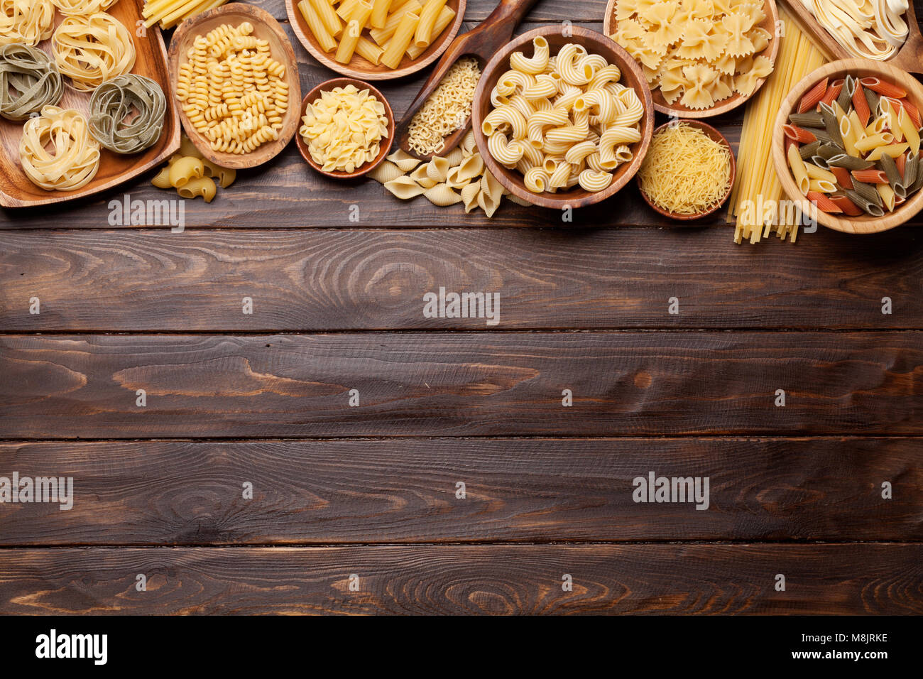 Various pasta. Cooking concept. Top view with space for your recipe ...
