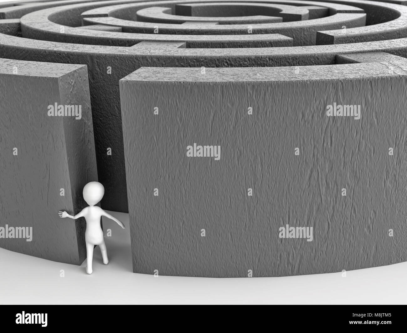 3D rendering of white stick man entering big gray concrete wall maze ...