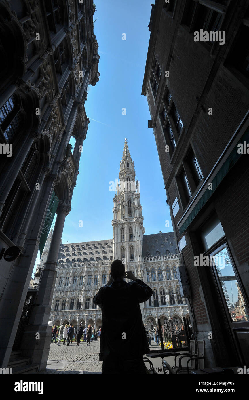 96 meter Brabantine Gothic Tower of Hotel de Ville (Town Hall) built ...