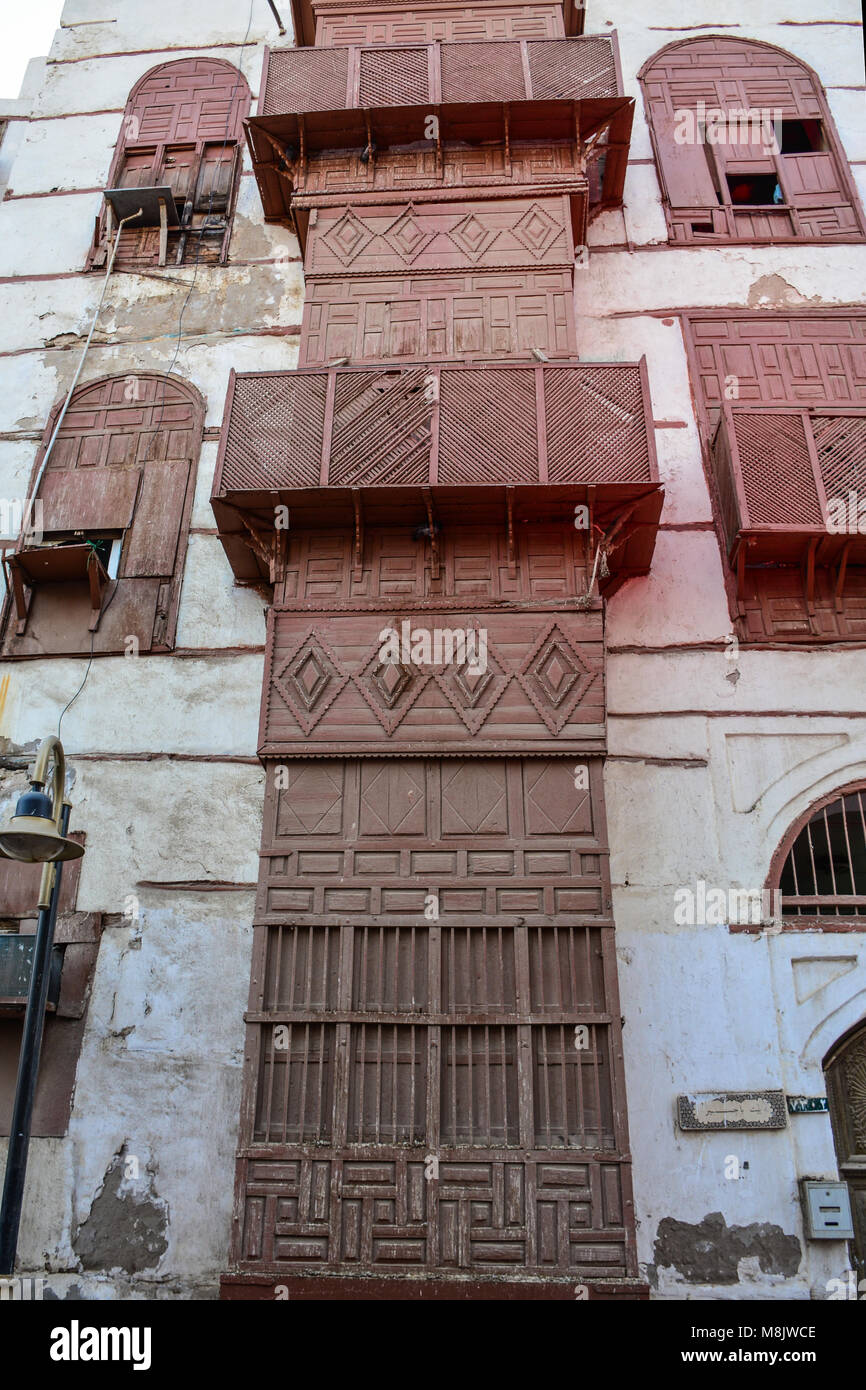 old designed wooden windows in historic village jeddah, saudi arabia ...