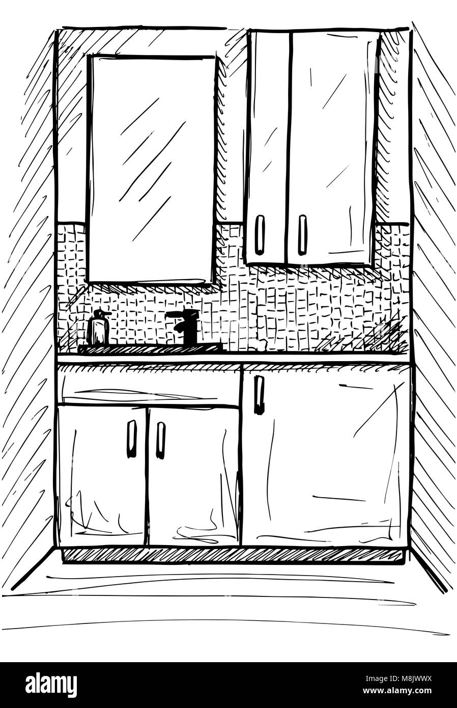 Hand drawn sketch. Linear sketch of an interior. Part of the bathroom ...